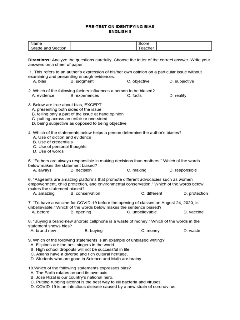 Pre-Test On Identifying Biias | PDF | Bias | Adolescence