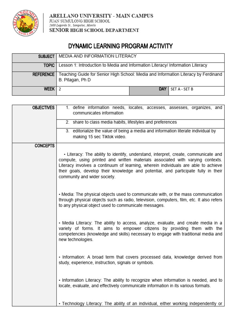 MIL DLP Lesson 1 | PDF | Information Literacy | Information