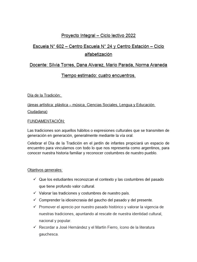 Proyecto Integrador Día de La Tradición | PDF | Tradiciones | Educación ...