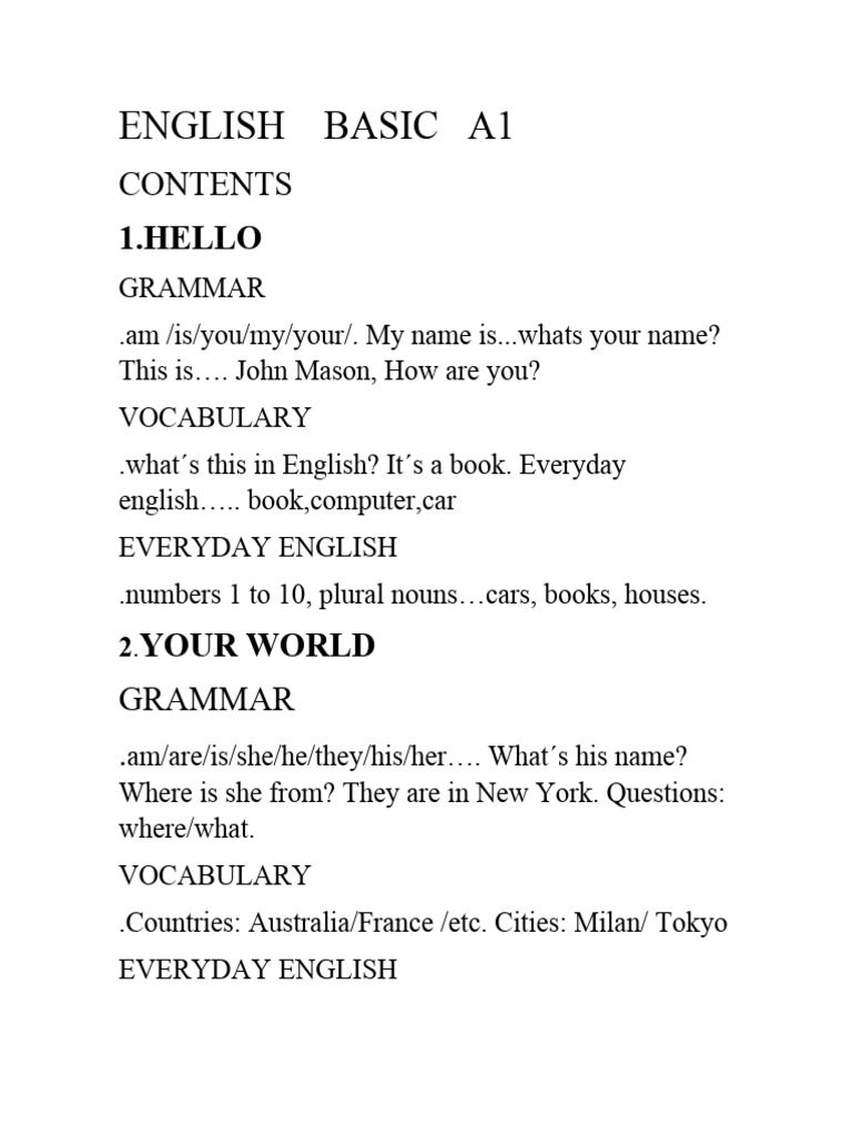 English Contents A1 | PDF | English Language | Verb