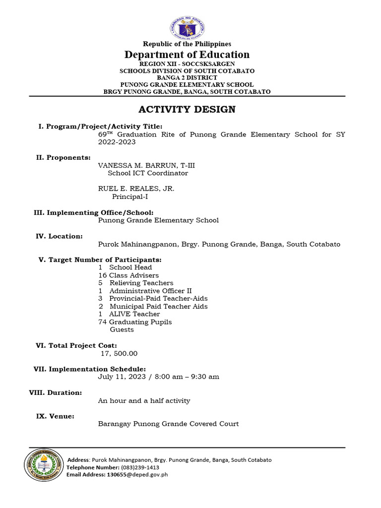 Activity Design For Graduation2023 | PDF