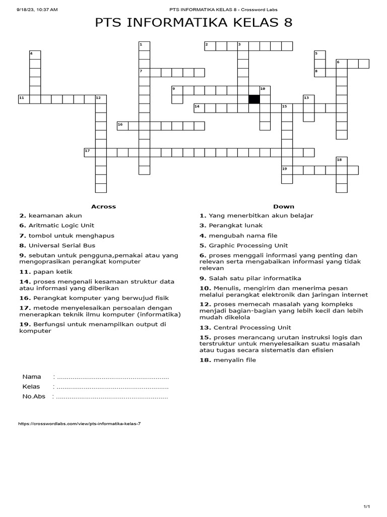 Teka-Teki Silang Informatika Kelas 8 | PDF