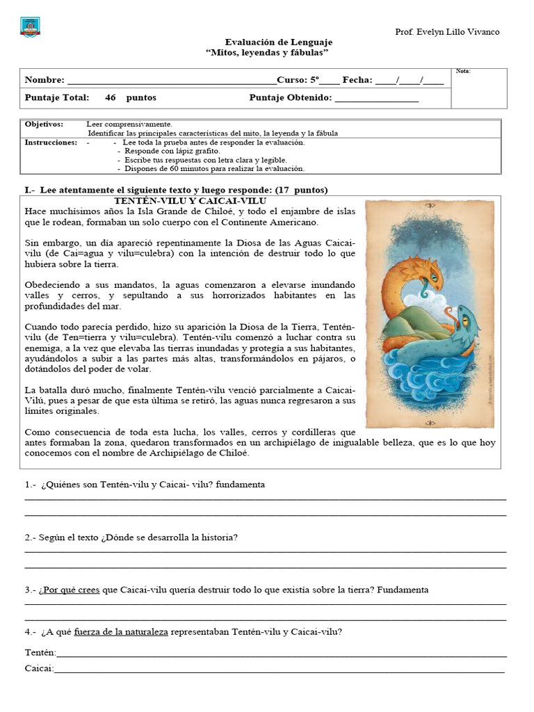 Prueba Mitos y Leyendas Fabulas 5º | PDF