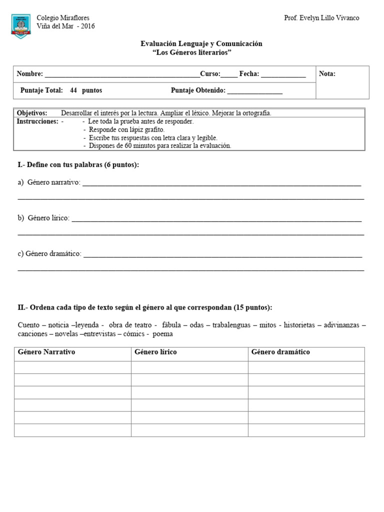 Prueba Géneros Liter. 5º | PDF