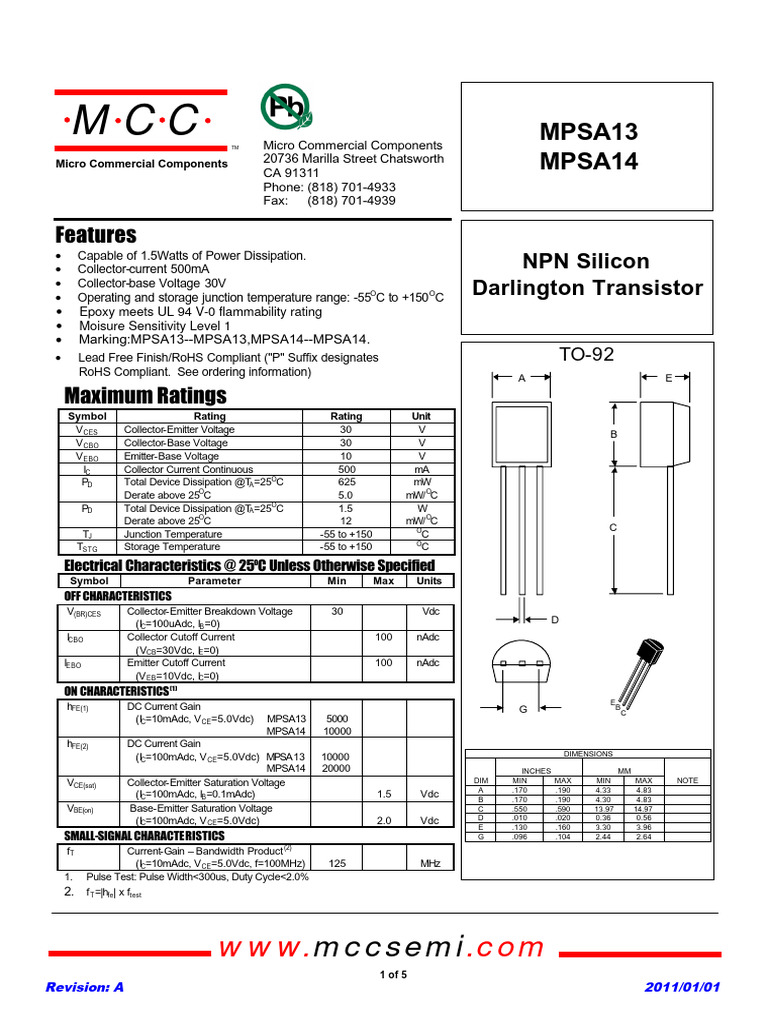 Mpsa13 Mpsa14 To-92 | PDF | Bipolar Junction Transistor | Electromagnetism