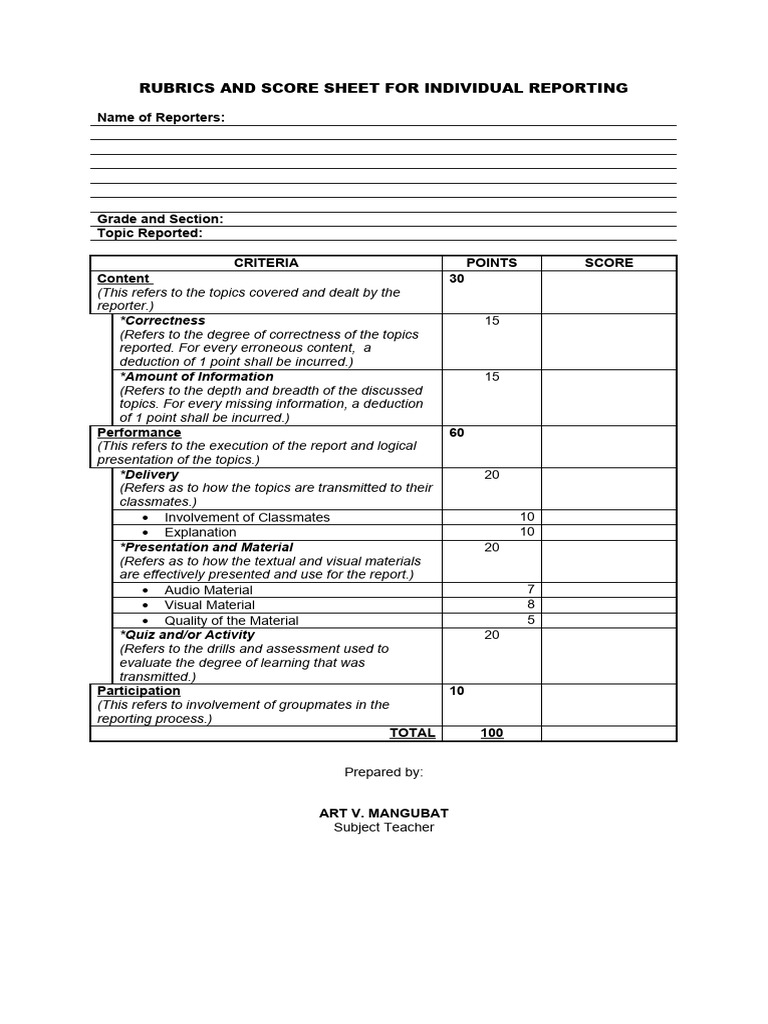 Rubrics For Individual Reporting | PDF