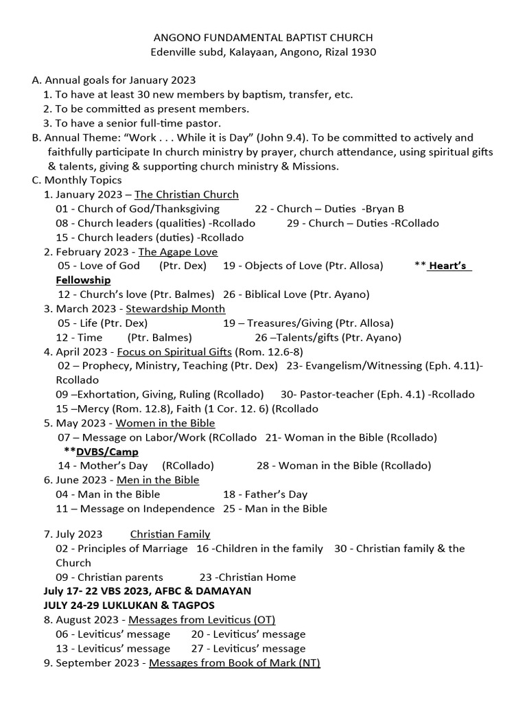 ANGONO FBC 2023 Annual Program 1 | PDF | Spiritual Gift | Pastor