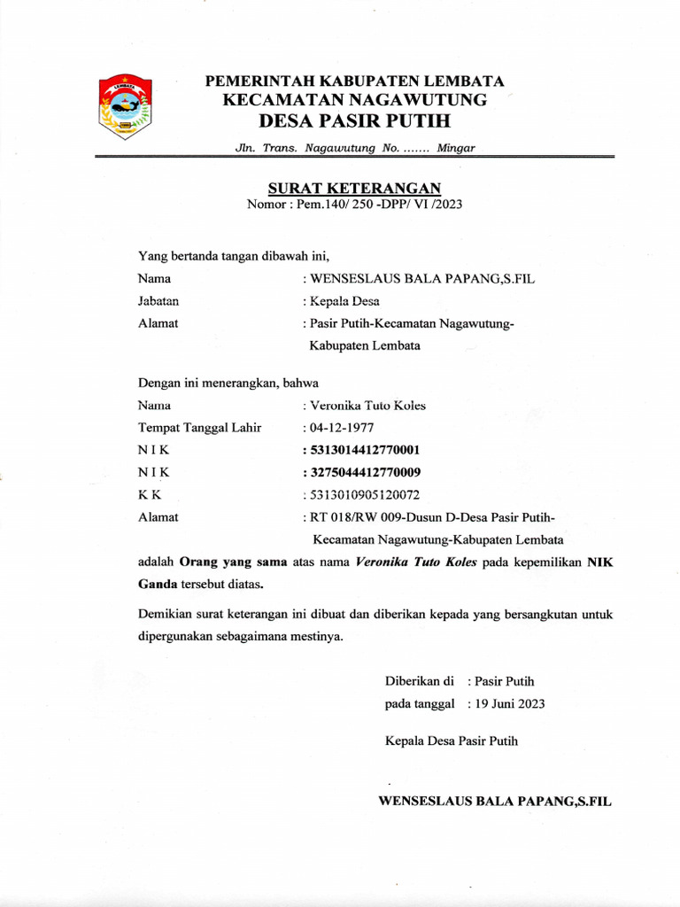 Surat Keterangan NIK Ganda | PDF