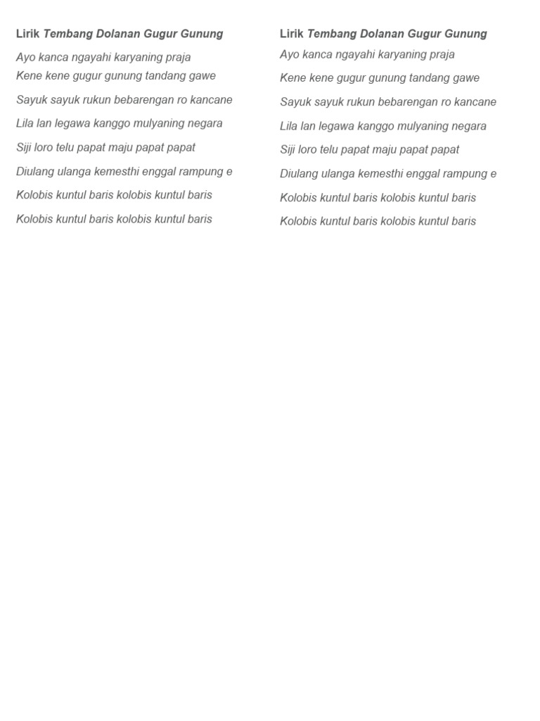 Lirik Tembang Dolanan Gugur Gunung | PDF