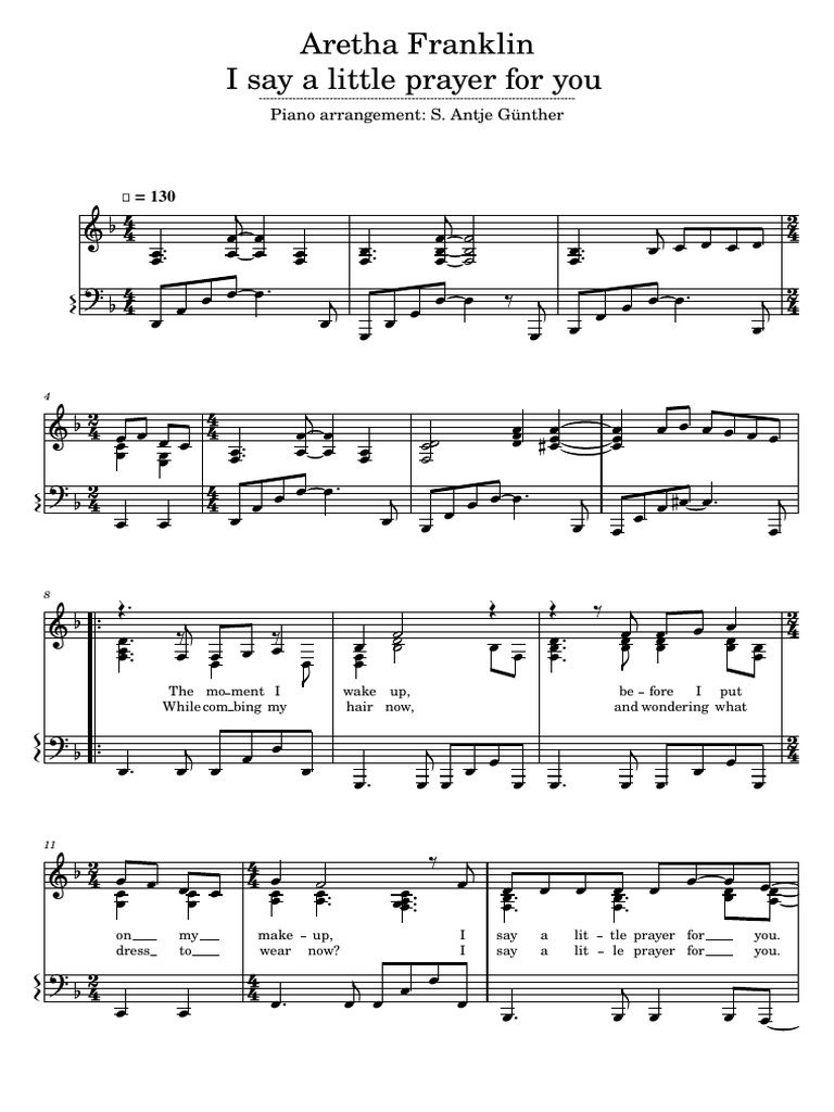 Aretha Franklin A Little Prayer Piano Solo With Words | PDF