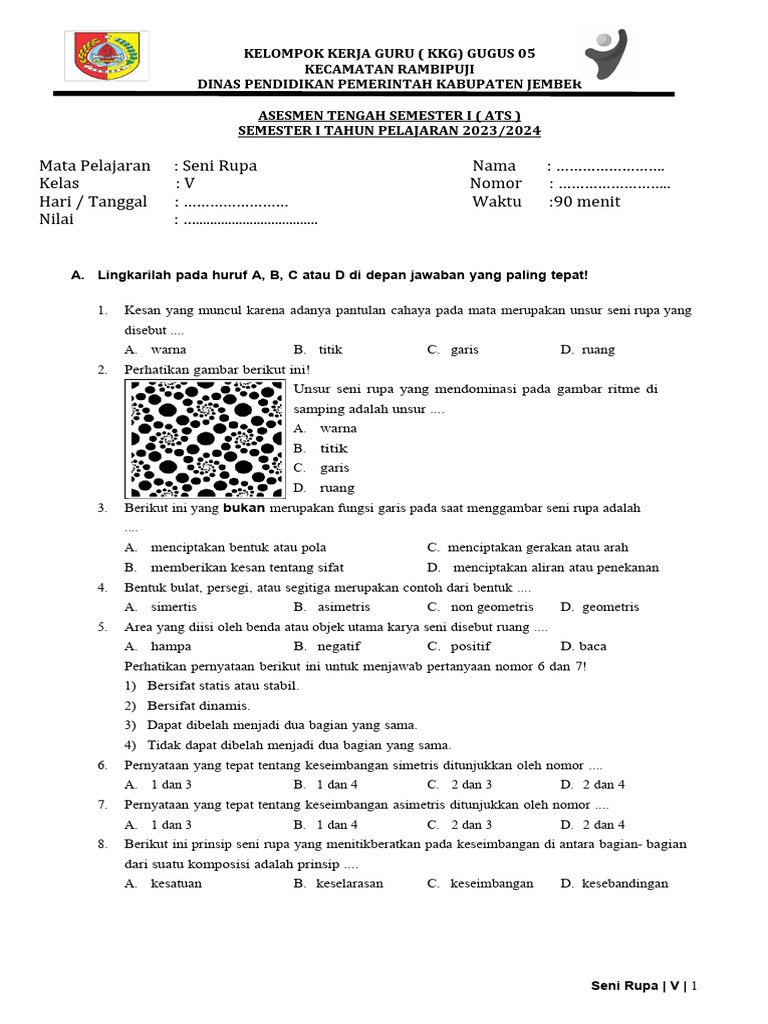 FIX SOAL ATS Seni Rupa GANJIL KELAS 5 KURMER TP 2023-2024 | PDF