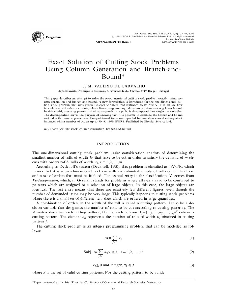 Decarvalho Exact Solution Cutting Stock Problems Using Column ... Decarvalho Exact Solution Cutting Stock Problems Using Column ...