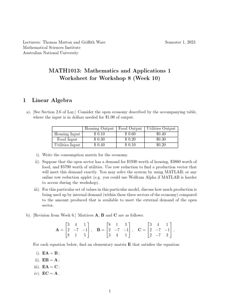 MATH1013 2023S1 Worksheet8 | PDF | Function (Mathematics) | Matrix (Mathematics)