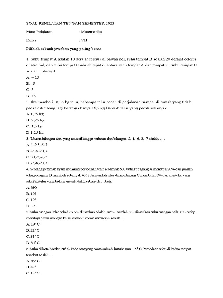 Soal PTS Matematika Kelas Vii Semester Ganjil | PDF