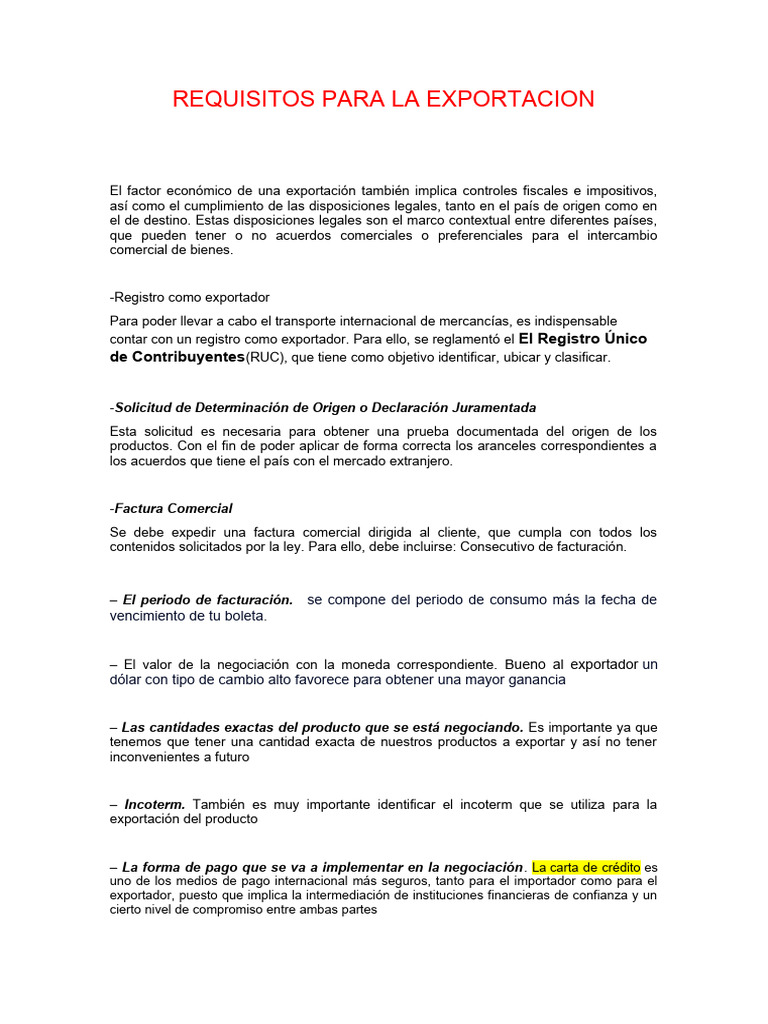 Requisitos para La Exportacion | PDF | Exportaciones | Arancel