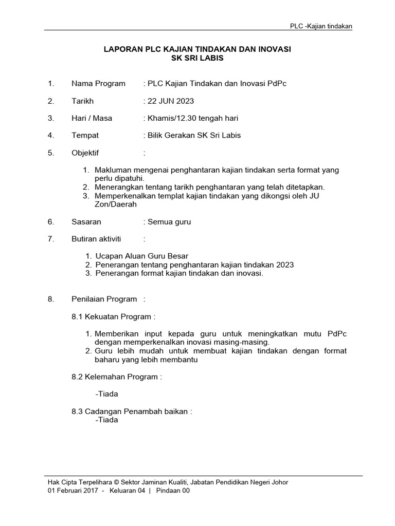Laporan PLC Kajian Tindakan SK Sri Labis | PDF