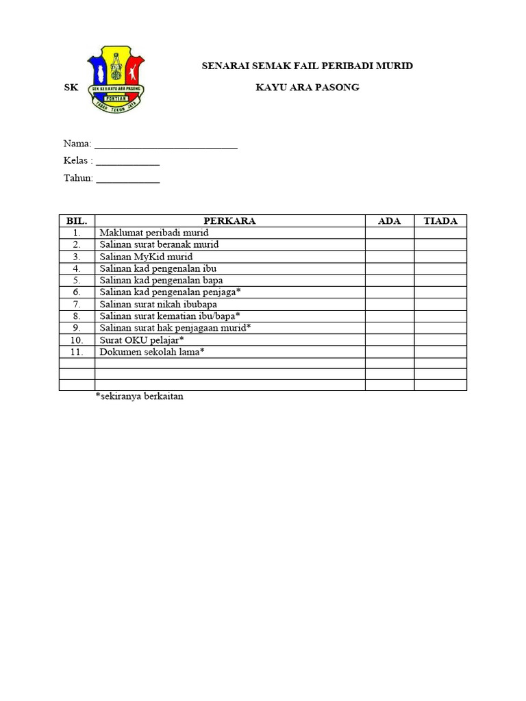 Dokumen - Tips Senarai Semak Fail Peribadi Murid | PDF