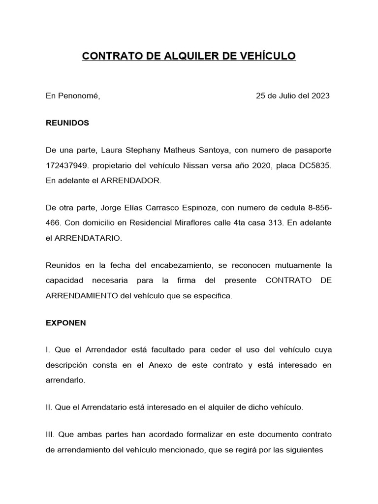 Contrato De Alquiler Vehicular Simple