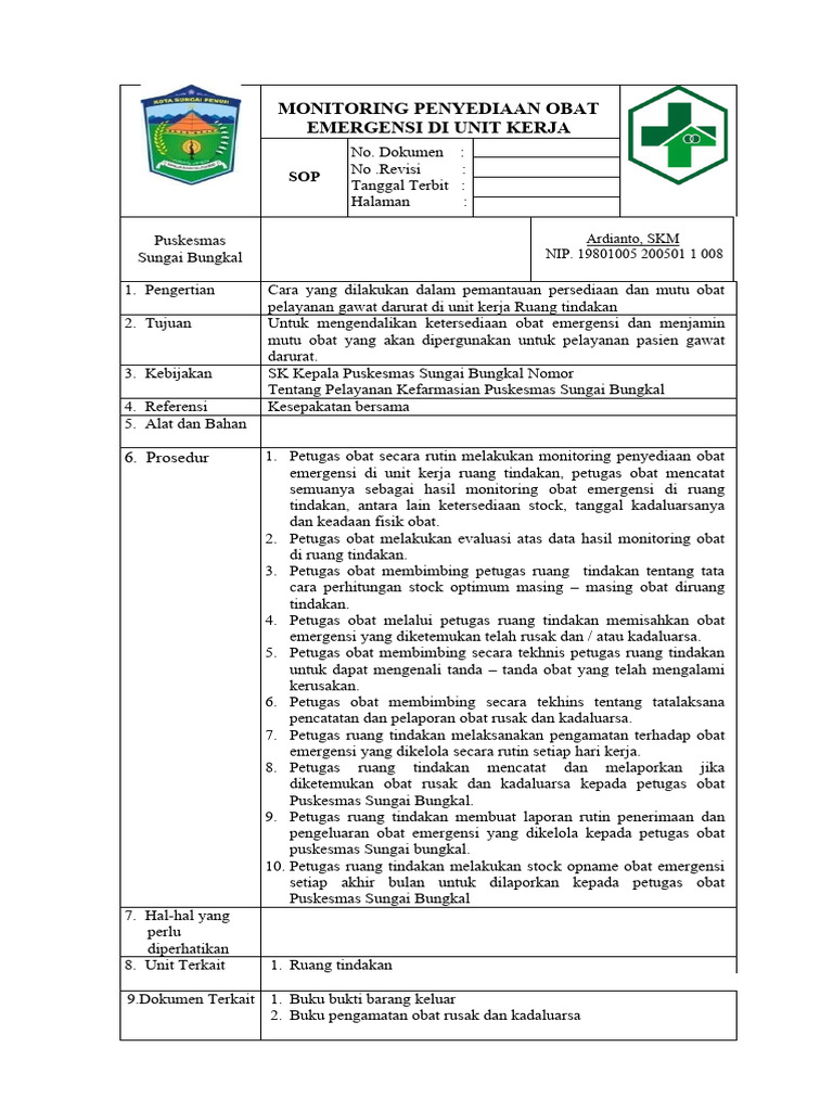 Sop Monitoring Penyediaan Obat Emergency Di Unit Kerja | PDF