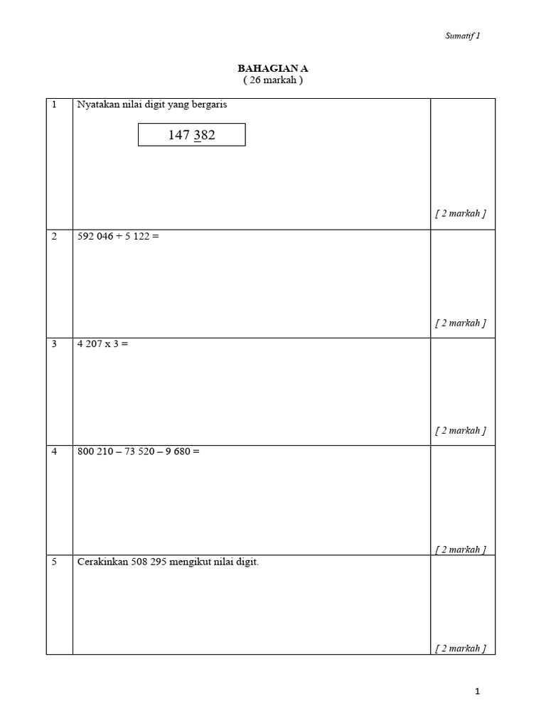 Soalan Matematik Tahun 5 Sumatif 1 | PDF