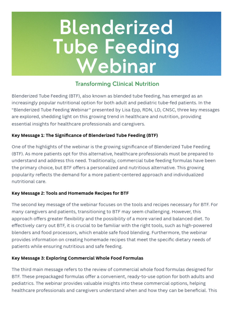 Blenderized Tube Feeding Webinar: Transforming Clinical Nutrition | PDF ...
