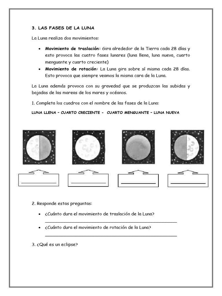 Hoja De Trabajo Sobre Las Fases De La Luna En Formato Pdf