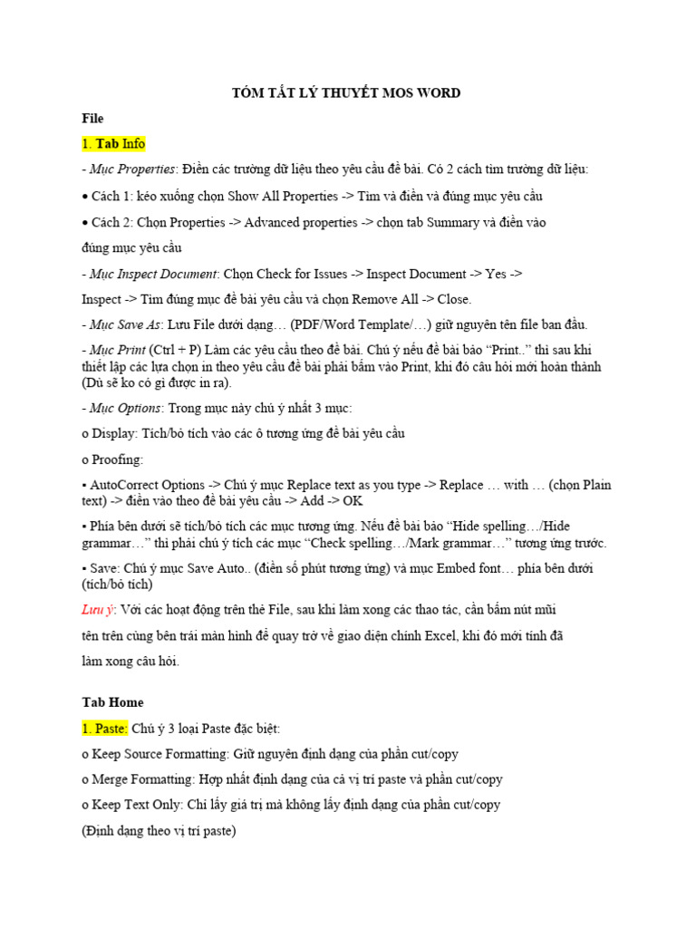 TÓM TẮT LÝ THUYẾT MOS WORD | PDF