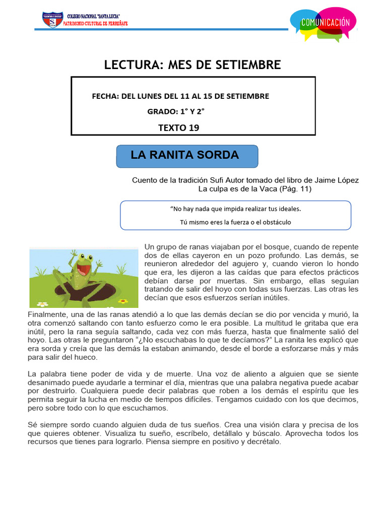 Lectura - La Ranita Sorda - 1° y 2° Grado - Fecha Del 11 Al 15 ...