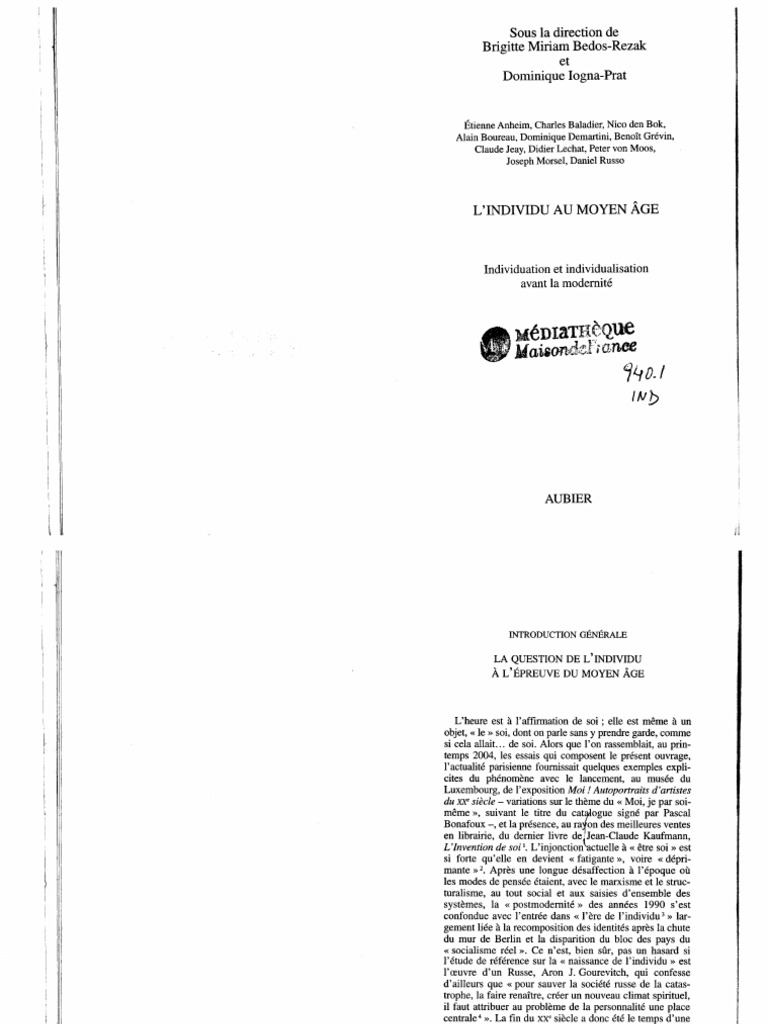 Brigitte Miriam Bedos Rezak Dominique Iogna Prat L Individu Au Moyen ...