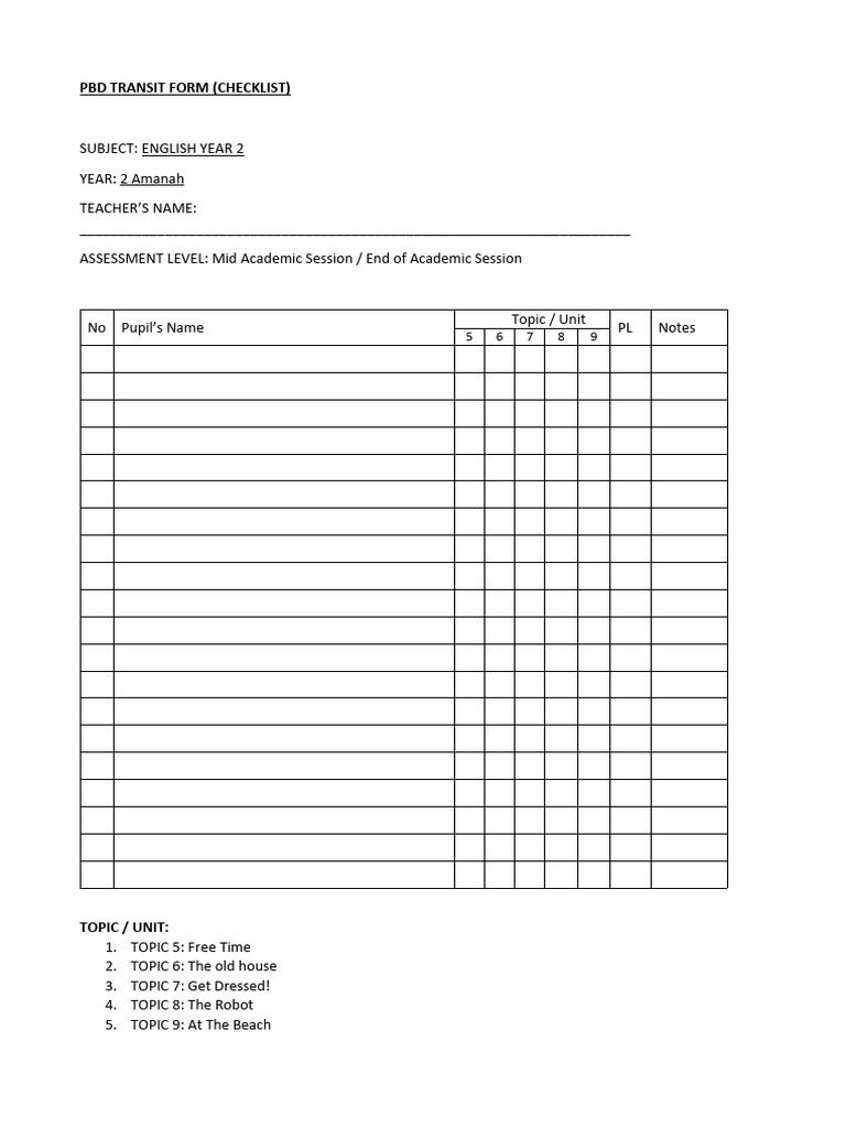 PBD TRANSIT FORM - ENG YEAR 2 (Checklist) | PDF | Learning | Cognition