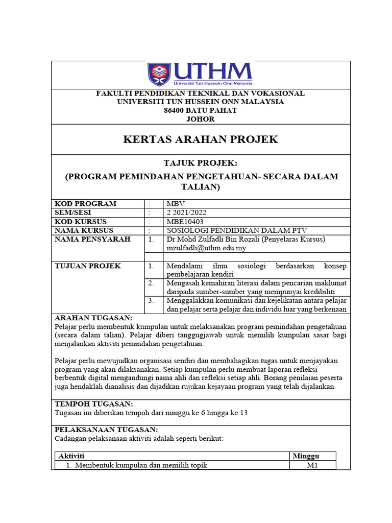 Kertas Arahan Projek Mbe10403 | PDF