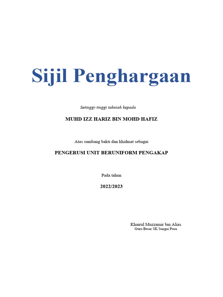 Format Sijil Penghargaan Unit Kokurikulum Murid | PDF