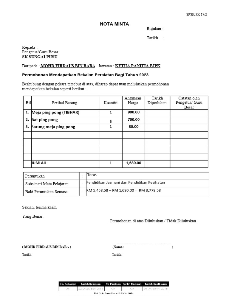 Nota Minta 2023 SPSK PK 17 | PDF