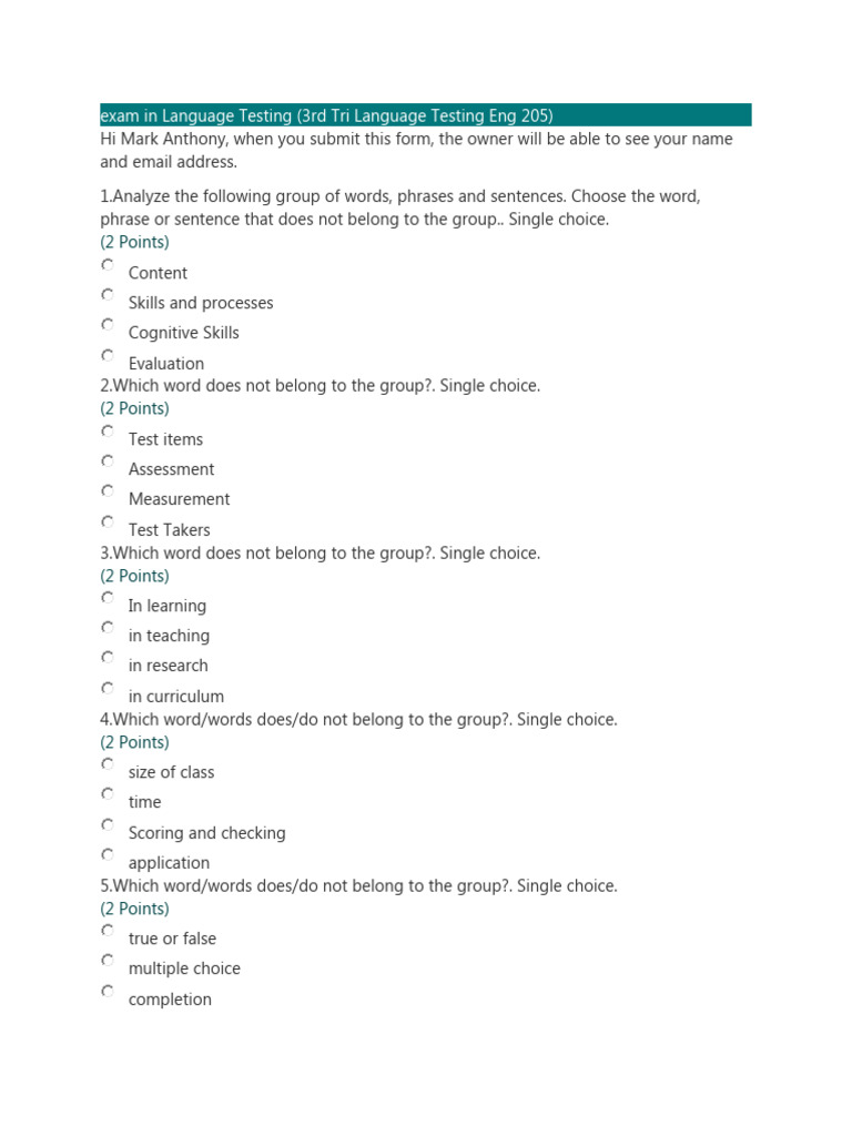 Exam in Language Testing | PDF | Educational Assessment | Learning