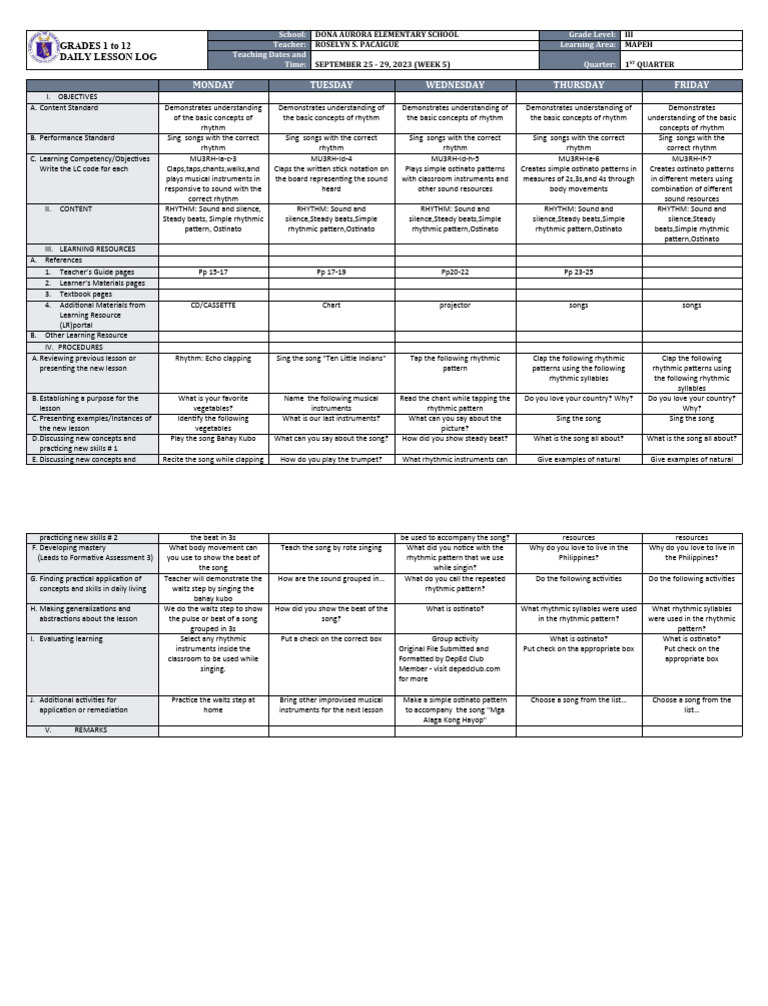 DLL - Mapeh 3 - Q1 - W5 | PDF