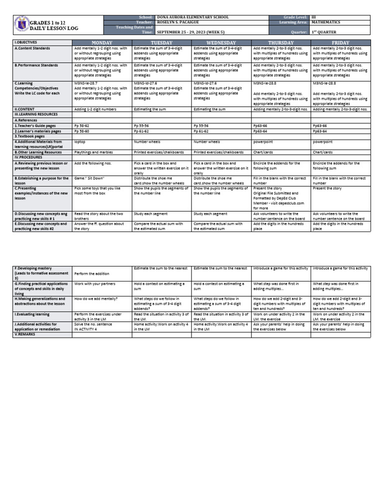 DLL - Mathematics 3 - Q1 - W5 | PDF | Teaching | Behavior Modification
