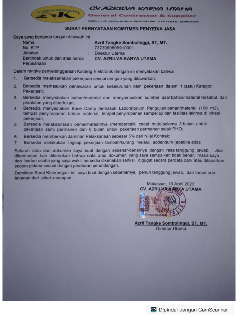 12. Surat Pernyataan Komitmen Penyedia Jasa | PDF