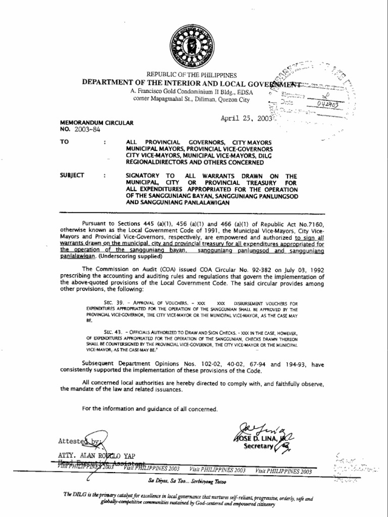 DILG Memo Cir No. 2003-084-Authority of VM To Sign Checks For SB | PDF