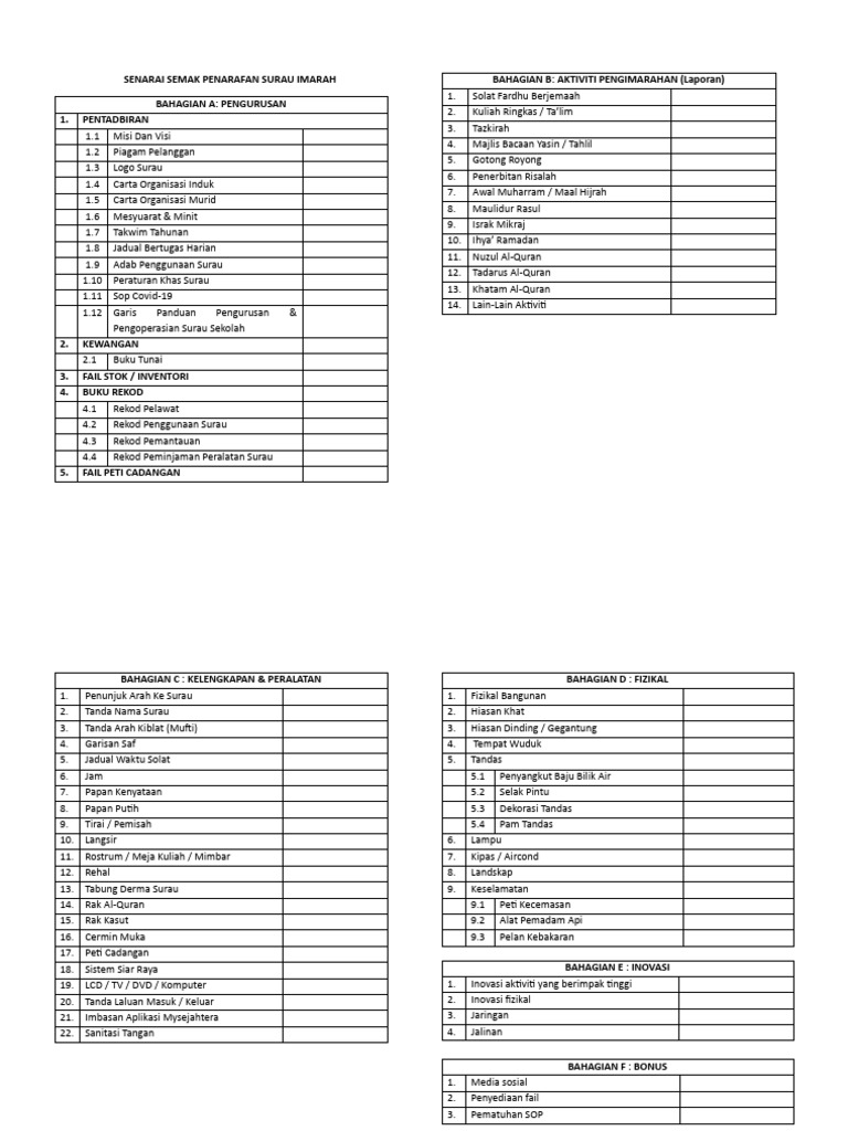 Senarai Semak Penarafan Surau Imarah | PDF