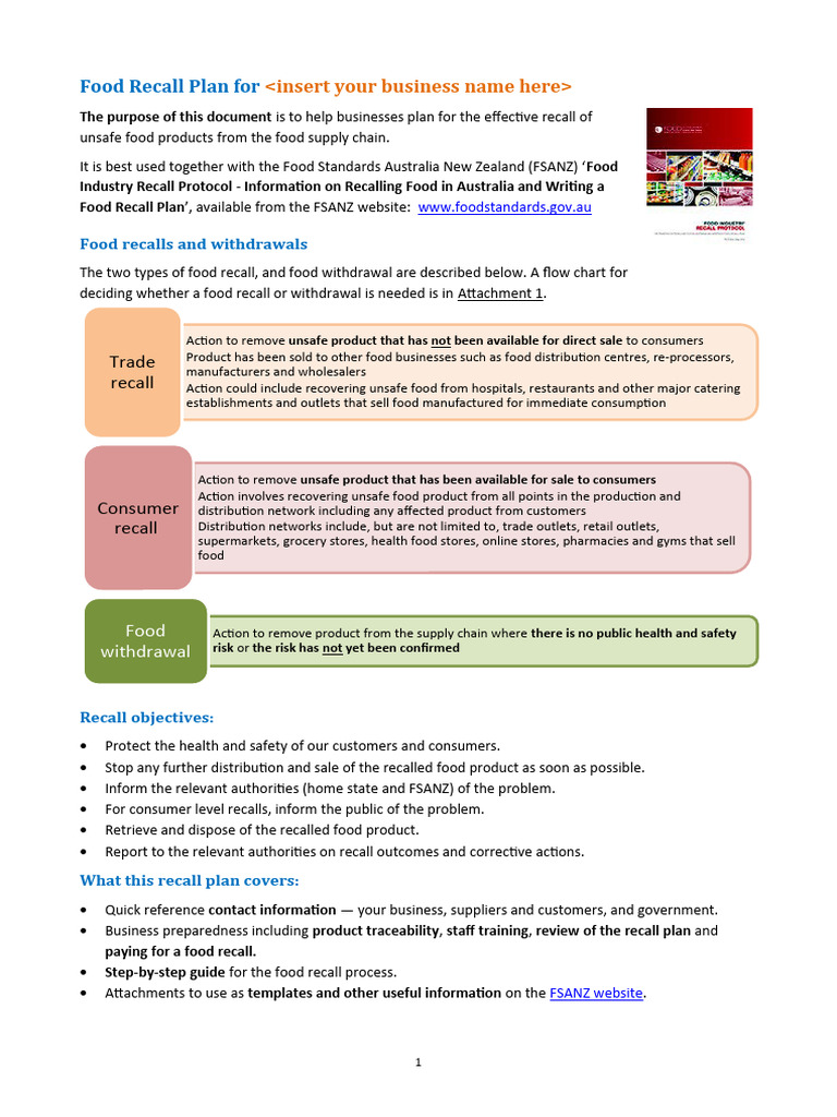 Food Recall Plan Template Final | PDF | Product (Business) | Food Safety