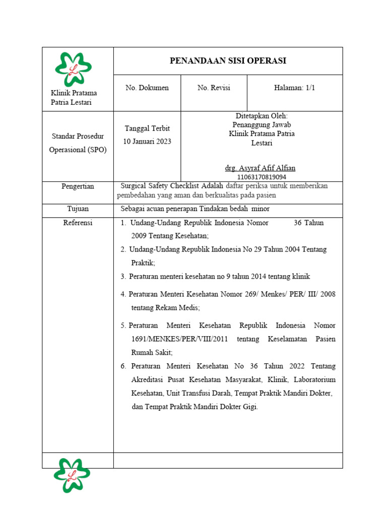 02 SPO PELAKSANAAN SURGICAL SAFETY CHECKLIST | PDF
