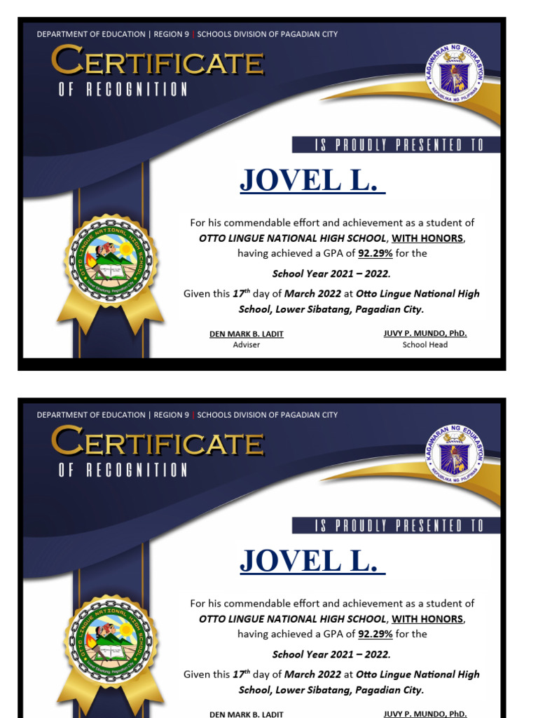 Certificate of Recognition Honors | PDF