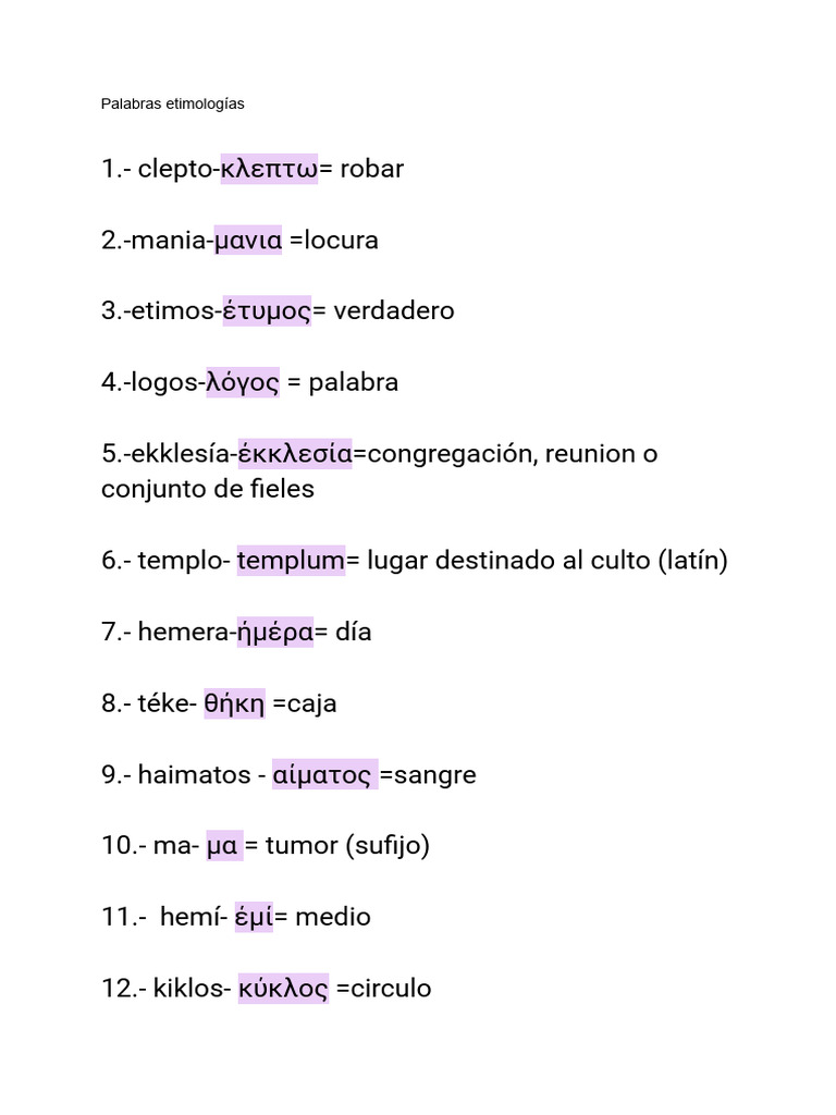 Glosario Palabras Etimologías | PDF