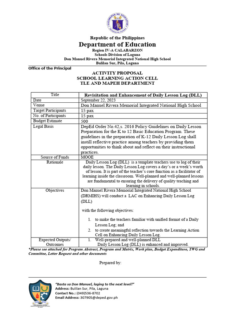 Tle Mapeh Lac DLL | PDF | Teachers | Learning