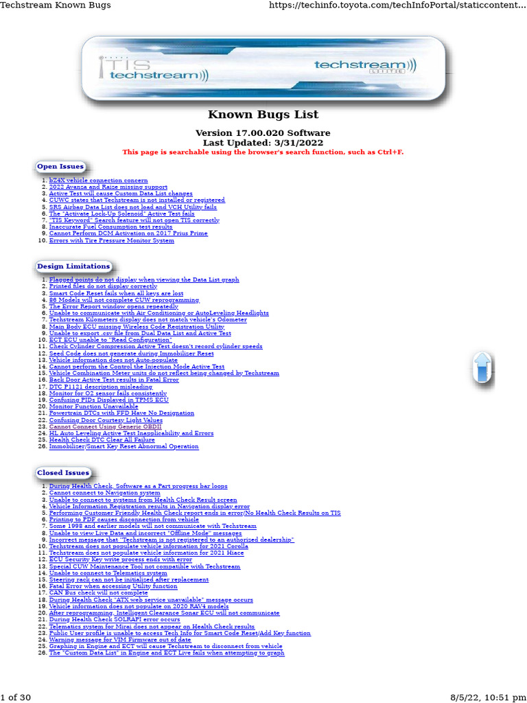 Techstream - known.bugs.V17.Mar 22 | PDF | Technology & Engineering