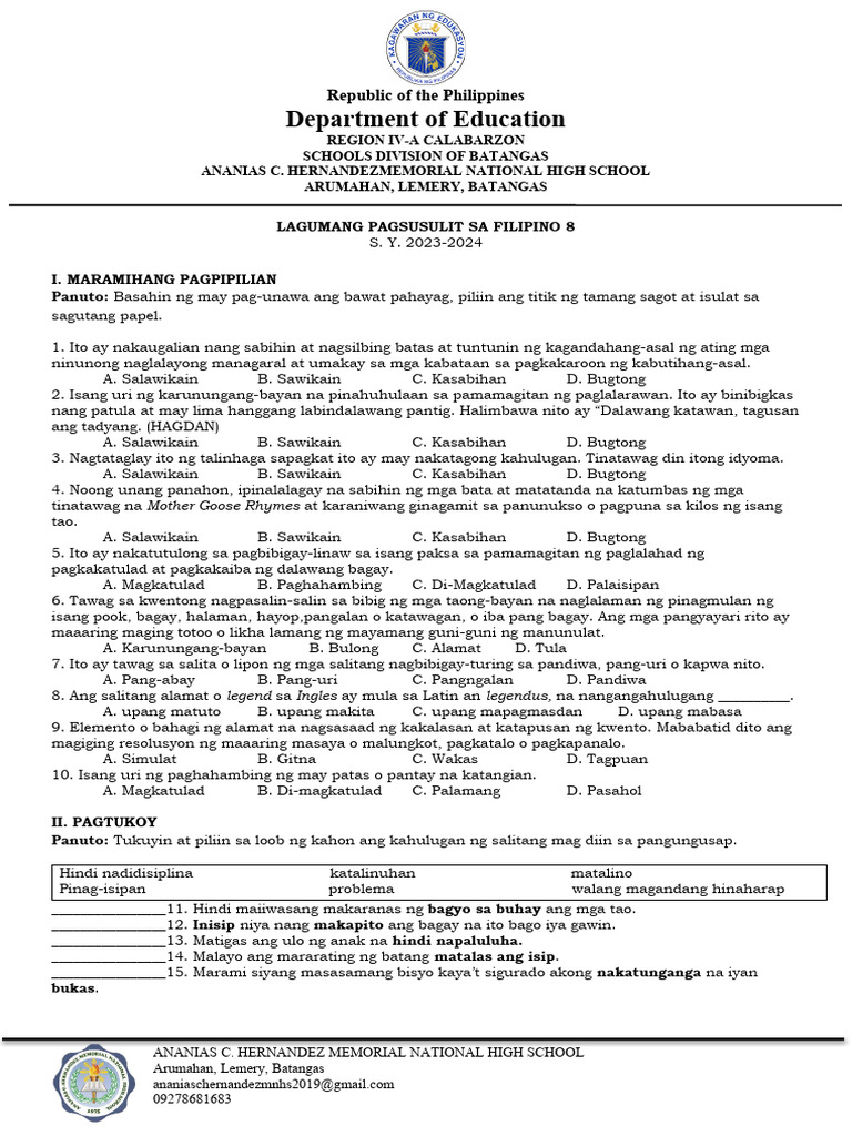 Summative Test in Filipino 8 (Karunungang-Bayan, Talinghaga ...