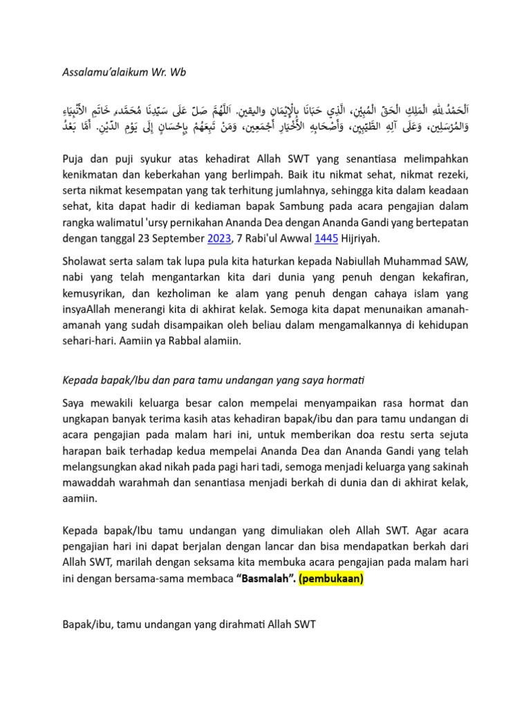 Teks MC Pengajian Walimatul Ursy | PDF