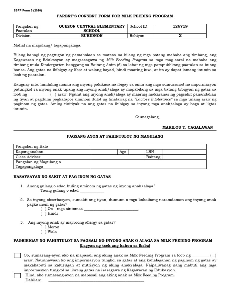 SBFP Form 9 Parents Consent Form For Milk Feeding Program | PDF