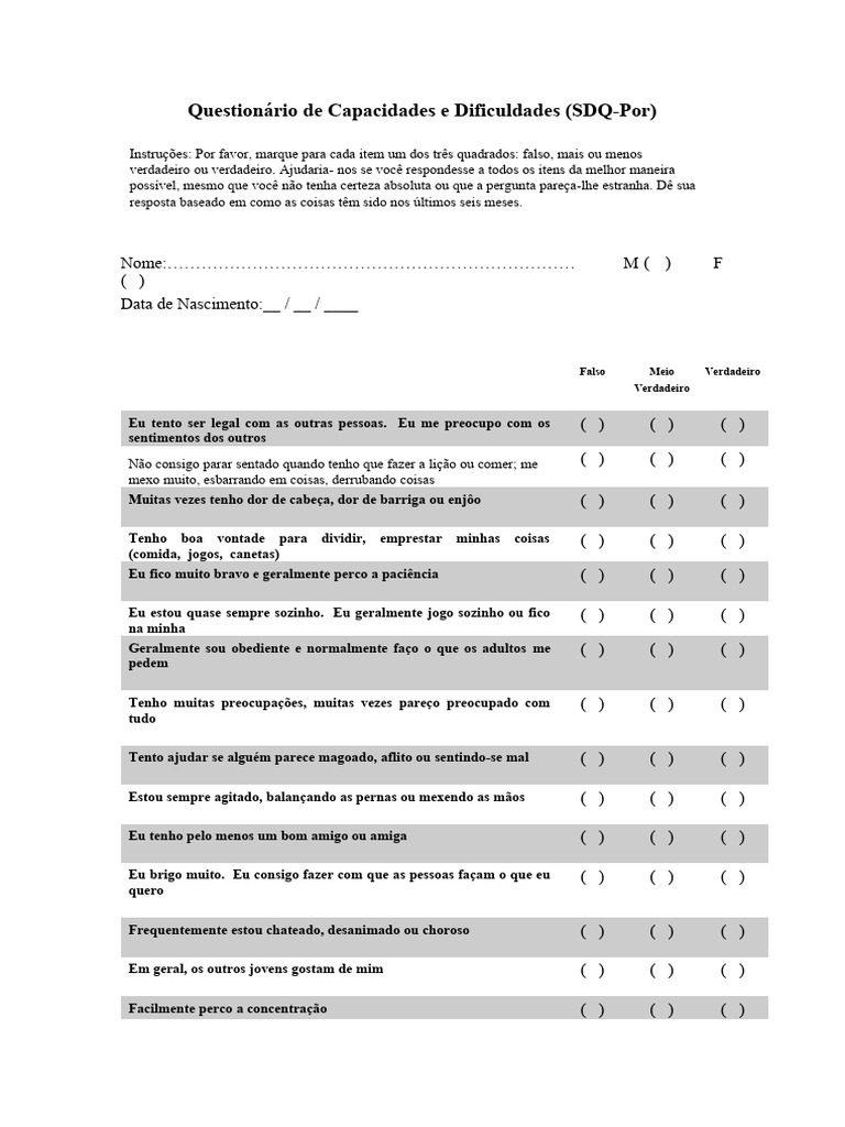 SDQ-Por Questionário de Capacidades e Dificuldades (Criança) | PDF