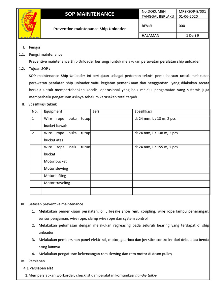 SOP Maintenance Ship Unloader Parit Baru | PDF | Teknologi & Rekayasa